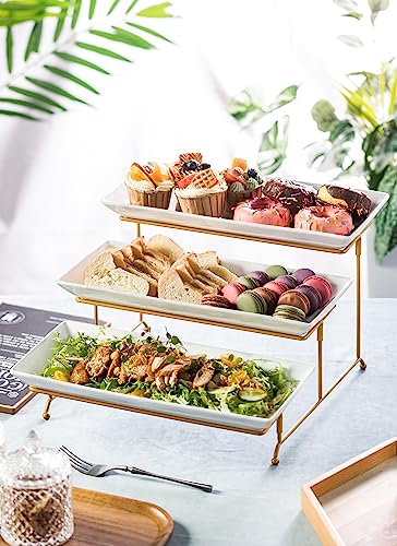 LYEOBOH 3 Tier Serving Stand and Platters Set Large Tiered with Collapsible Sturdier Rack 14 Inches Tray for Appetizer Fruit, Dessert Cupcake, White