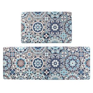 jabogrii anti fatigue kitchen mat set of 2 blue cushioned kitchen rugs comfort floor mat pvc waterproof non slip kitchen carpet rug runner for sink laundry 17"x48"+17"x28"