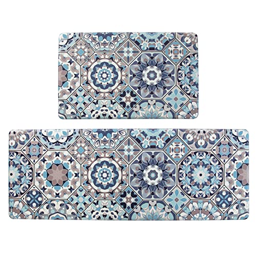 Jabogrii Anti Fatigue Kitchen Mat Set of 2 Blue Cushioned Kitchen Rugs Comfort Floor Mat PVC Waterproof Non Slip Kitchen Carpet Rug Runner for Sink Laundry 17"x48"+17"x28"