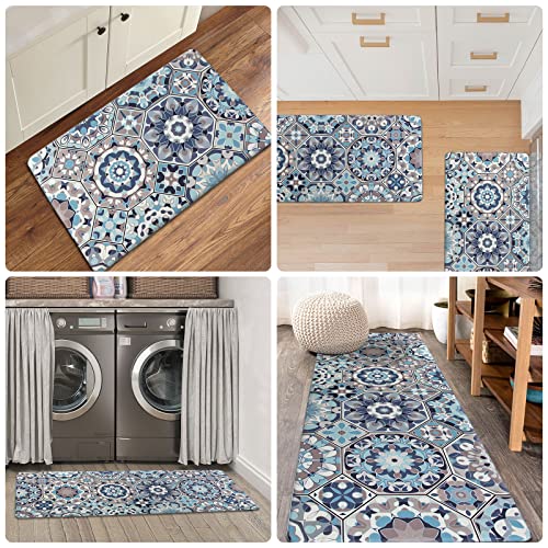 Jabogrii Anti Fatigue Kitchen Mat Set of 2 Blue Cushioned Kitchen Rugs Comfort Floor Mat PVC Waterproof Non Slip Kitchen Carpet Rug Runner for Sink Laundry 17"x48"+17"x28"