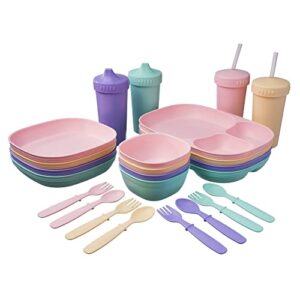 mightymoe kid’s dinnerware set - 28 pieces, 4 place settings - pastel color set - tough tableware for toddlers - made in the usa - dishwasher and microwave safe - bpa free and shatter resistant