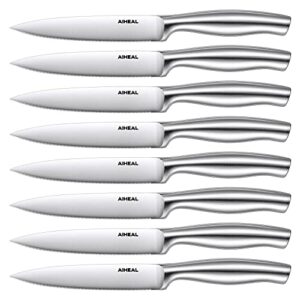 aiheal serrated steak knife set, stainless steel steak knives set of 8, never needs sharpening dinner knives, micro serrated steak knives with gift box