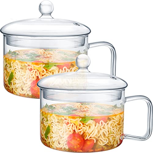 2 Pcs Glass Ramen Bowl with Lid and Handle, Glass Noodles Bowl Microwave Safe Glass Soup Bowl Mixing Glass Pot Transparent Cooking Cereal Bowls Breakfast Bowls for Soup Cereals Fruits (45.7 oz)