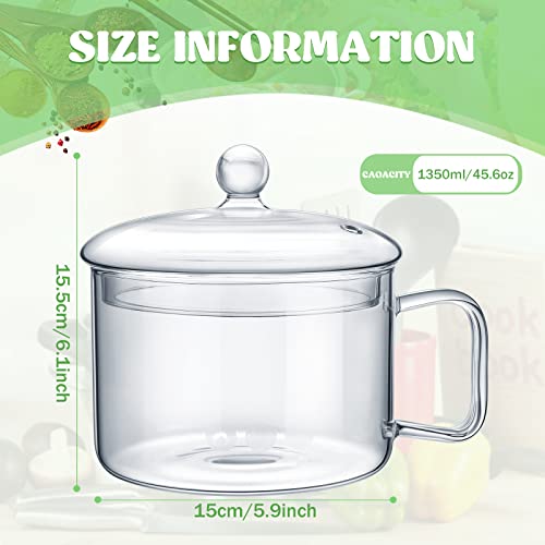 2 Pcs Glass Ramen Bowl with Lid and Handle, Glass Noodles Bowl Microwave Safe Glass Soup Bowl Mixing Glass Pot Transparent Cooking Cereal Bowls Breakfast Bowls for Soup Cereals Fruits (45.7 oz)