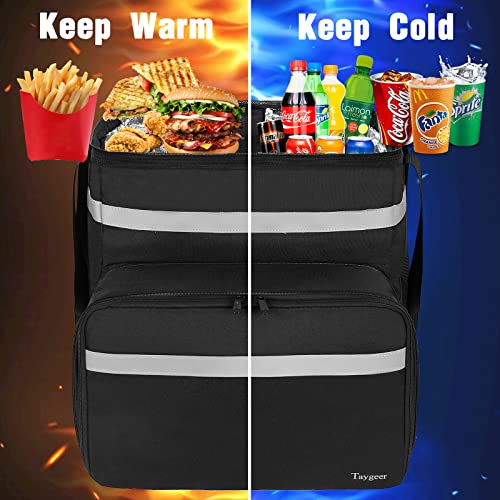 Food Delivery Backpack, Expandable Insulated Hot Pizza Bags for Delivery Bike, Large Leakproof Waterproof Delivery Bag with 4 Mesh Pockets Reflective Strip for Uber Eat, Camping & Beach, Black