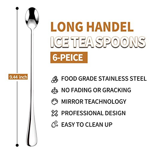 Bonasen 9.4-Inch Long Handle Spoon,Ice Tea Spoons,Stirring Spoons,Coffee Spoon, Stainless Steel Cocktail Spoon,Coffee Bar Accessories Set of 6