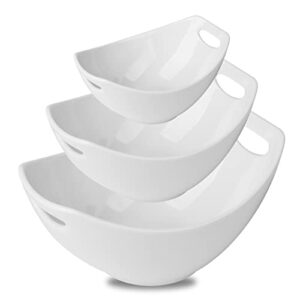 gomakren porcelain serving bowl set with handles set of 3, serving dishes salad bowls mixing bowl set for entertaining, nesting bowl set, dishwasher oven safe white serving bowl housewarming gifts