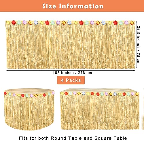 Fovths 4 Pack Luau Grass Table Skirt Natural 9 Feet x 29.5 Inch Hawaiian Table Skirt for Tropical Hawaiian Party Decorations Luau Party Costume Party, Straw Yellow