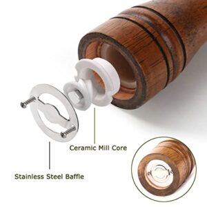 Wooden Pepper Grinder Pepper Mill, Coarseness Adjustable Peppermill, Refillable Salt Mill, Ceramic Grinding Mechanism - 8inch Tall