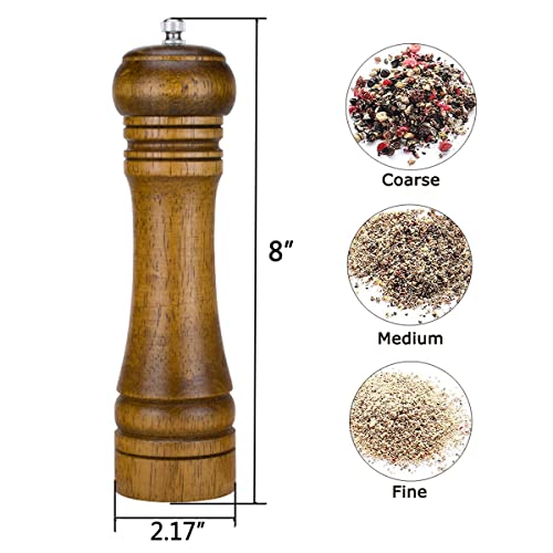 Wooden Pepper Grinder Pepper Mill, Coarseness Adjustable Peppermill, Refillable Salt Mill, Ceramic Grinding Mechanism - 8inch Tall