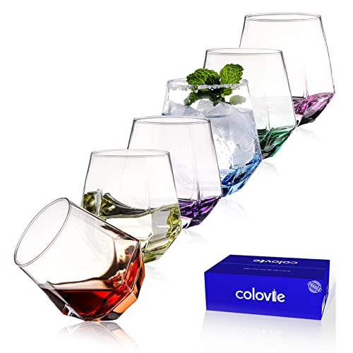 ColoVie Stemless Wine Glasses Set of 6, Colored Wine Glass, Old Fashioned, Diamond Shaped, Unique Colorful Tumblers. 10oz. White Red Wine, Whiskey Glasses, Cocktail, Gifts for Men, Birthday, Party