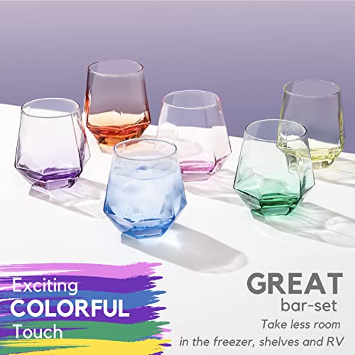 ColoVie Stemless Wine Glasses Set of 6, Colored Wine Glass, Old Fashioned, Diamond Shaped, Unique Colorful Tumblers. 10oz. White Red Wine, Whiskey Glasses, Cocktail, Gifts for Men, Birthday, Party