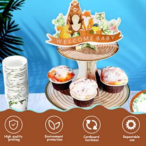 Woodland Baby Shower Decorations Woodland Cupcake Stand, 3 Tier Rustic Jungle Animal Wood Cupcake Holders Woodland Creatures Forest Lumberjack Theme Party for Boy Girl Welcome Party Supplies