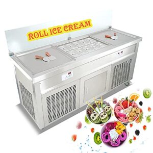 kolice etl commercial double square pans fried ice cream machine, frozen yogurt cubes making machine, roll ice cream machine with 10 pcs of refrigerated buckets, 21x21 inches big pan. auto defrost