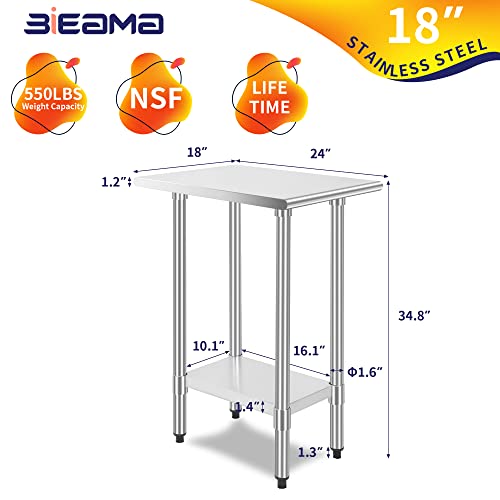 BIEAMA 18 x 24 Inches Stainless Steel Prep Work Table NSF with Adjustable Under Shelf, Commercial Worktable Restaurant, Home and Hotel