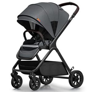 newyoo Baby Stroller, Baby Reversible Stroller, Standard Stroller, Parent or Forward Facing, One-Hand Recline, Compact Fold, Extendable Canopy, Cushion, Mosquito Net, Wrist Strap(Include) Grey