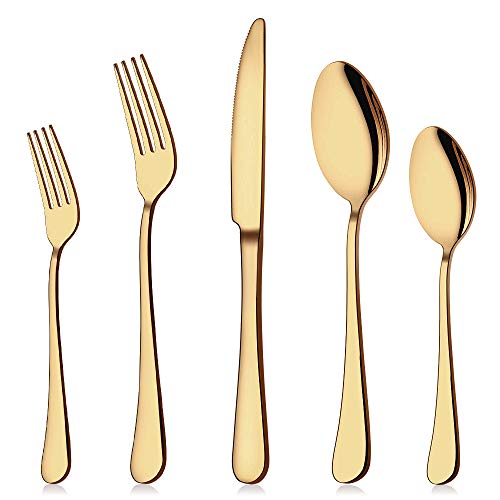 Gold Silverware Set for 8, 40-Piece Gold Flatware Set Aisoso Stainless Steel Cutlery Kitchen Utensil Set Mirror Polished