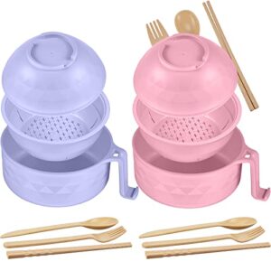 2 sets microwave ramen cooker bowl set quick ramen cooker with handles ramen noodle cooker with spoon chopsticks fork college dorm room apartment essentials for girls and boys (pink, blue)