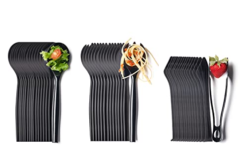 Disposable Plastic Serving Utensils - 6 Each 6" Serving Tongs, 10” Serving Spoons, 10” Serving Forks (Set of 18 – Black)