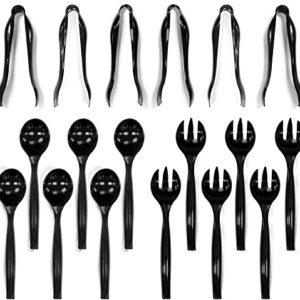 Disposable Plastic Serving Utensils - 6 Each 6" Serving Tongs, 10” Serving Spoons, 10” Serving Forks (Set of 18 – Black)