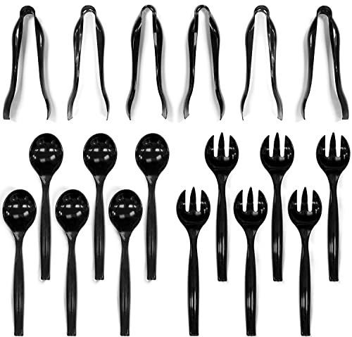 Disposable Plastic Serving Utensils - 6 Each 6" Serving Tongs, 10” Serving Spoons, 10” Serving Forks (Set of 18 – Black)