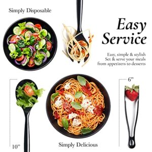 Disposable Plastic Serving Utensils - 6 Each 6" Serving Tongs, 10” Serving Spoons, 10” Serving Forks (Set of 18 – Black)