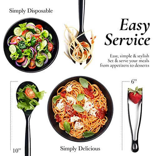 Disposable Plastic Serving Utensils - 6 Each 6" Serving Tongs, 10” Serving Spoons, 10” Serving Forks (Set of 18 – Black)