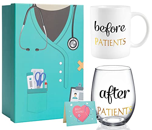 PUGED Before Patients After Patients Gift Package Set 11 oz Coffee Mug and 18 oz Stemless Wine Glass for Dentist Unique Nurses Day Graduation Gifts