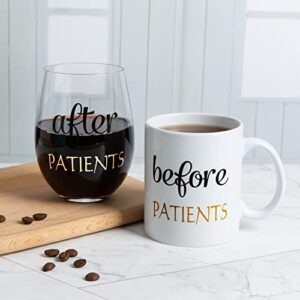 PUGED Before Patients After Patients Gift Package Set 11 oz Coffee Mug and 18 oz Stemless Wine Glass for Dentist Unique Nurses Day Graduation Gifts