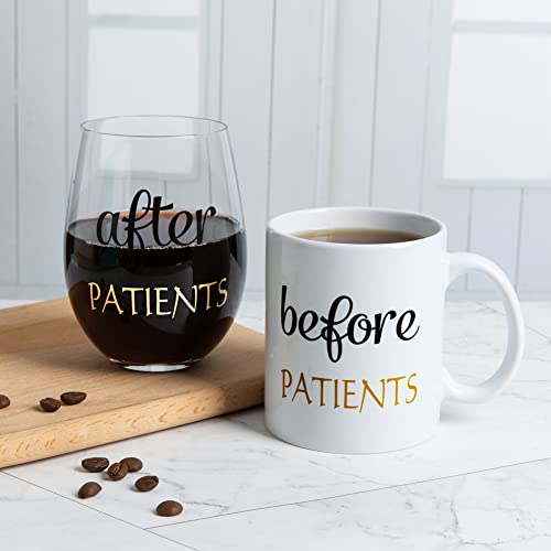 PUGED Before Patients After Patients Gift Package Set 11 oz Coffee Mug and 18 oz Stemless Wine Glass for Dentist Unique Nurses Day Graduation Gifts