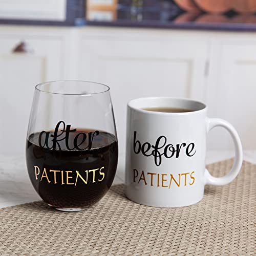 PUGED Before Patients After Patients Gift Package Set 11 oz Coffee Mug and 18 oz Stemless Wine Glass for Dentist Unique Nurses Day Graduation Gifts