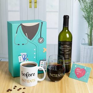 PUGED Before Patients After Patients Gift Package Set 11 oz Coffee Mug and 18 oz Stemless Wine Glass for Dentist Unique Nurses Day Graduation Gifts