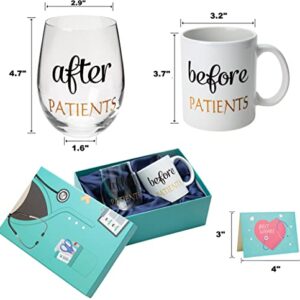 PUGED Before Patients After Patients Gift Package Set 11 oz Coffee Mug and 18 oz Stemless Wine Glass for Dentist Unique Nurses Day Graduation Gifts