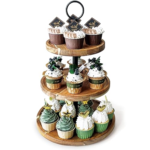 WILDMOS 3 Tier Cupcake Stand, Farmhouse Rustic Tiered Serving Tray,3 Tier Serving Tray for Farmhouse Kitchen Decor, Wood Dessert Tray for Tea Party Wedding Server, Decorative Tiered Tray.