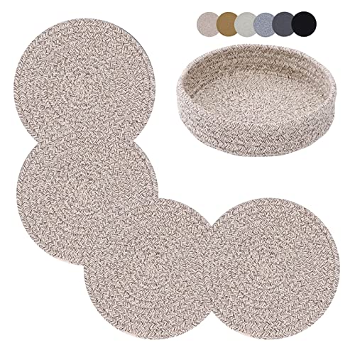 Trivets for Hot Dishes, Trivets for Hot Pots and Pans, 7 Inchs Hot Pads 4 Pcs and Storage Basket 1 Pack for Countertops, Pot Holders for Kitchen, Cotton Table Protector Hot Mats Heat Resistant (Brown)