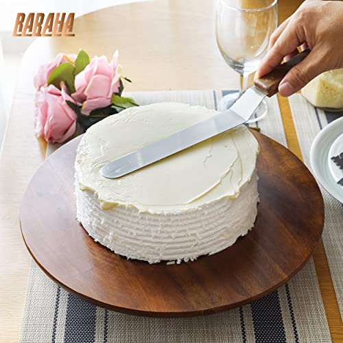 RABAHA 13" Acacia Cake Stand Rotating – Rustic Cake Stand Set Turntable with 2 Icing Spatulas, 3 Smoothers – Wooden Revolving Spinner Cake Decorating Supplies - Use at Parties, Wedding (Acacia Wood)