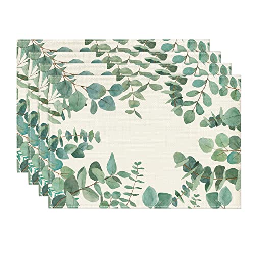 Artoid Mode Eucalyptus Leaves Summer Placemats for Dining Table, 12 x 18 Inch Spring Seasonal Holiday Rustic Vintage Washable Table Mats Set of 4