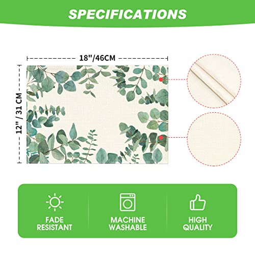 Artoid Mode Eucalyptus Leaves Summer Placemats for Dining Table, 12 x 18 Inch Spring Seasonal Holiday Rustic Vintage Washable Table Mats Set of 4