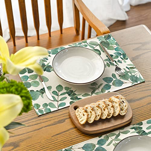 Artoid Mode Eucalyptus Leaves Summer Placemats for Dining Table, 12 x 18 Inch Spring Seasonal Holiday Rustic Vintage Washable Table Mats Set of 4