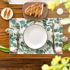 Artoid Mode Eucalyptus Leaves Summer Placemats for Dining Table, 12 x 18 Inch Spring Seasonal Holiday Rustic Vintage Washable Table Mats Set of 4