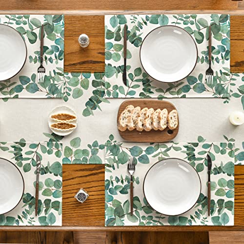 Artoid Mode Eucalyptus Leaves Summer Placemats for Dining Table, 12 x 18 Inch Spring Seasonal Holiday Rustic Vintage Washable Table Mats Set of 4