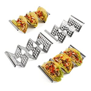 4 pack stainless steel taco holders, premium taco stands, holds 2 or 3 tacos each taco tray, taco rack with easy-access handle, food grade taco plate shells oven & grill safe, bpa free(hollow)