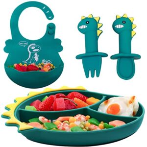 kavonoi baby feeding set，silicone suction plate dinosaur shape selffeeding adjustable bib， suction plate for baby toddler with spoon fork adjustable bib set -blue dinosaurs