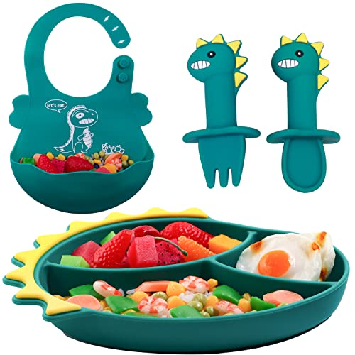 KAVONOI Baby Feeding Set，Silicone Suction Plate Dinosaur Shape SelfFeeding Adjustable Bib， Suction Plate for Baby Toddler with Spoon Fork Adjustable Bib Set -Blue Dinosaurs