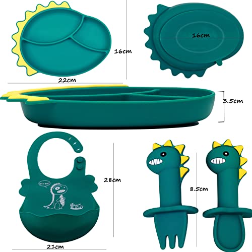 KAVONOI Baby Feeding Set，Silicone Suction Plate Dinosaur Shape SelfFeeding Adjustable Bib， Suction Plate for Baby Toddler with Spoon Fork Adjustable Bib Set -Blue Dinosaurs