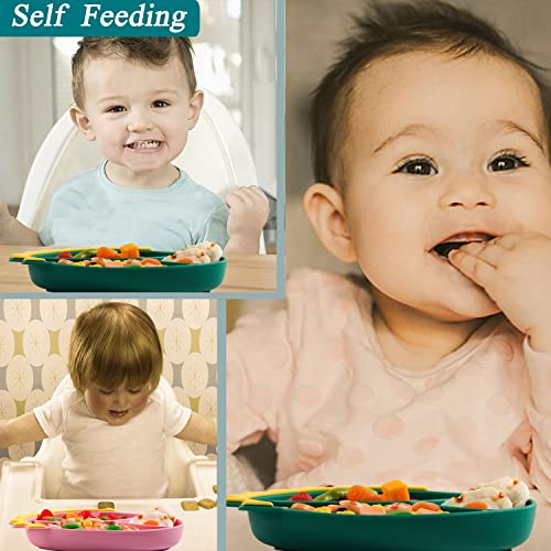 KAVONOI Baby Feeding Set，Silicone Suction Plate Dinosaur Shape SelfFeeding Adjustable Bib， Suction Plate for Baby Toddler with Spoon Fork Adjustable Bib Set -Blue Dinosaurs