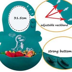 KAVONOI Baby Feeding Set，Silicone Suction Plate Dinosaur Shape SelfFeeding Adjustable Bib， Suction Plate for Baby Toddler with Spoon Fork Adjustable Bib Set -Blue Dinosaurs