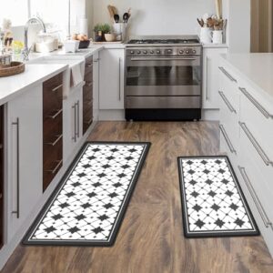 artnice anti-fatigue kitchen mats 2 piece, modern geometric criss cross pattern kitchen rugs, ergonomic pvc memory foam kitchen floor mats for standing sink, bathroom, laundry, black and white