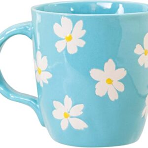 Eccolo Daisies Ceramic Coffee Mug, White and Blue Floral Handpainted Stoneware Tea Cup with Handles is Microwave, Dishwasher Safe, Medium Size Hot Drinking Cup - 16 Oz 473 ML