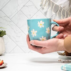 Eccolo Daisies Ceramic Coffee Mug, White and Blue Floral Handpainted Stoneware Tea Cup with Handles is Microwave, Dishwasher Safe, Medium Size Hot Drinking Cup - 16 Oz 473 ML